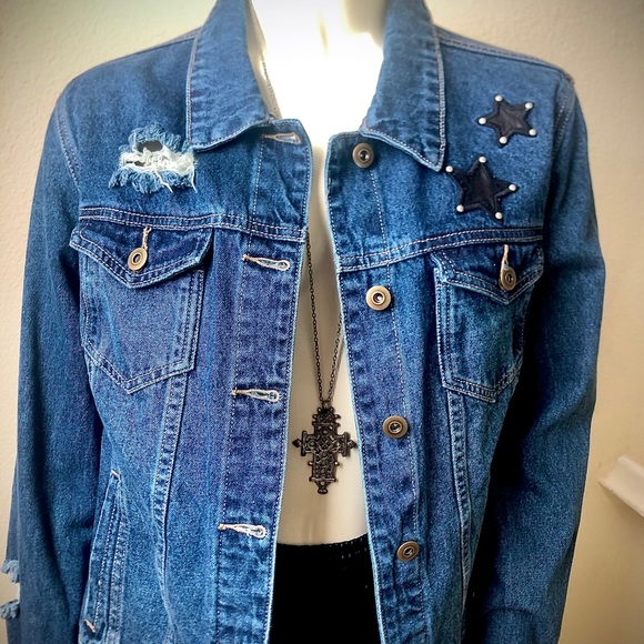JustFab | Jackets & Coats | Destroyed Denim Jacket With Black Star ...
